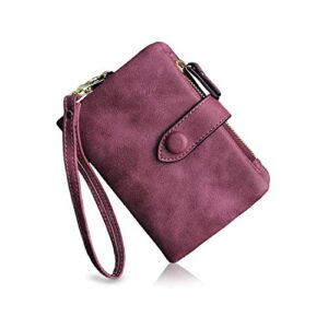 womens small bifold leather wallets rfid ladies wristlet with card slots id window zipper coin purse (purple)