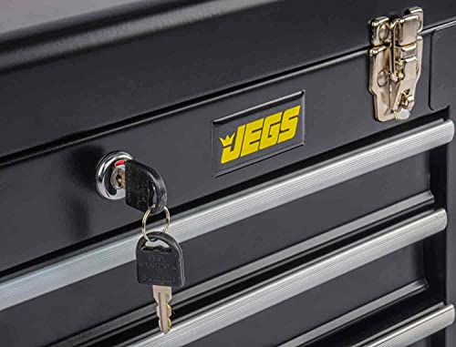 JEGS 3-Drawer Toolbox - Metal Toolbox with Ball-Bearing Drawer Slides - Rust-Resistant Latches - Black Powder Coat Finish - Includes Lock and Keys