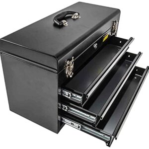 JEGS 3-Drawer Toolbox - Metal Toolbox with Ball-Bearing Drawer Slides - Rust-Resistant Latches - Black Powder Coat Finish - Includes Lock and Keys