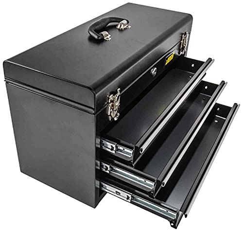 JEGS 3-Drawer Toolbox - Metal Toolbox with Ball-Bearing Drawer Slides - Rust-Resistant Latches - Black Powder Coat Finish - Includes Lock and Keys