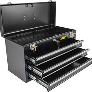 JEGS 3-Drawer Toolbox - Metal Toolbox with Ball-Bearing Drawer Slides - Rust-Resistant Latches - Black Powder Coat Finish - Includes Lock and Keys