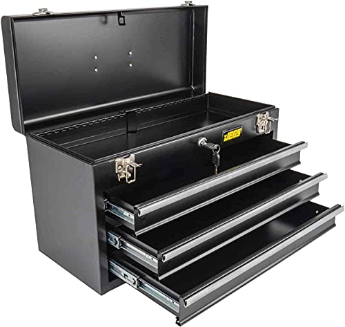 JEGS 3-Drawer Toolbox - Metal Toolbox with Ball-Bearing Drawer Slides - Rust-Resistant Latches - Black Powder Coat Finish - Includes Lock and Keys