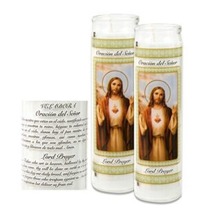 catholic prayer candles – set of 2 religious candles – real wax (white poured, unscented) candles – extra long burn time – prayer printed on each candle – church vigil devotional [bundle, 2 pcs.] (the lord’s prayer)