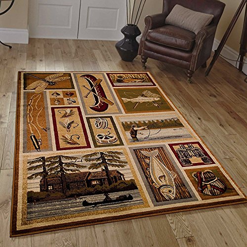 Wildlife Cabin Fish Boat Butterfly Nature Scene Area Rug (5 Feet 3 Inch X 7 Feet 5 Inch)