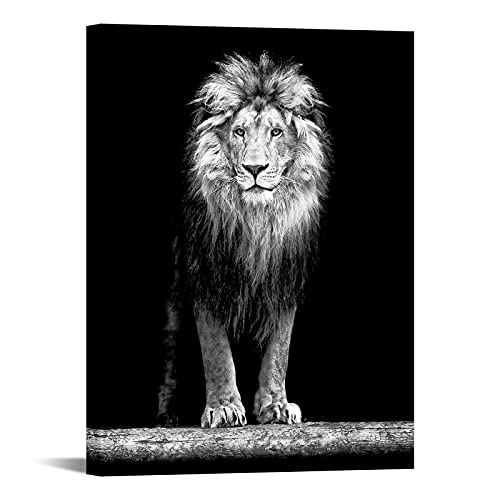 LevvArts - Lion Canvas Print,Portrait of Beautiful Lion in the Dark Wall Art Stretched Wood Frame,Black and White Animal Canvas Pictures for Living Room Decoration,Ready to Hang