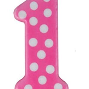 Oasis Supply Girl Polka Dot No. 1 Birthday Party Wax Candle For Cake Decorations, 3.25” Tall, Pink & White