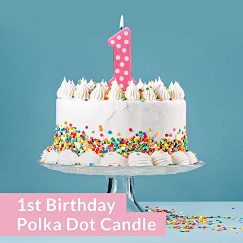 Oasis Supply Girl Polka Dot No. 1 Birthday Party Wax Candle For Cake Decorations, 3.25” Tall, Pink & White