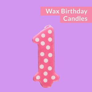 Oasis Supply Girl Polka Dot No. 1 Birthday Party Wax Candle For Cake Decorations, 3.25” Tall, Pink & White