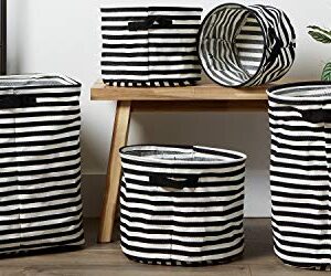 DII Laundry Storage Collection Cabana Stripe Collapsible and Waterproof Bins, Small Round, 9.5x8, Black, 2 Piece