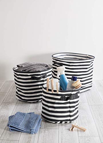 DII Laundry Storage Collection Cabana Stripe Collapsible and Waterproof Bins, Small Round, 9.5x8, Black, 2 Piece