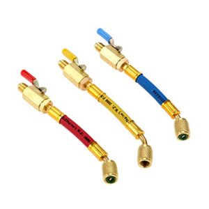 r134a r410a r22 r12 charging hoses and ball valve set, 3 pcs color coded hoses/w ball valve 1/4″ sae thread (7″ long) for ac hvac maintenance kit and air condition refrigeration charging tools