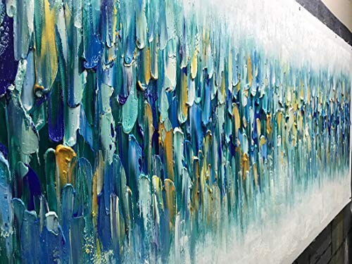 AMEI Art Paintings,24x60Inch 3D Hand Painted On Canvas Oversized Gold Blue Abstract Seascape Artwork Texture Palette Knife Oil Paintings Modern Home Decor Wall Art Stretched and Framed Ready to Hang