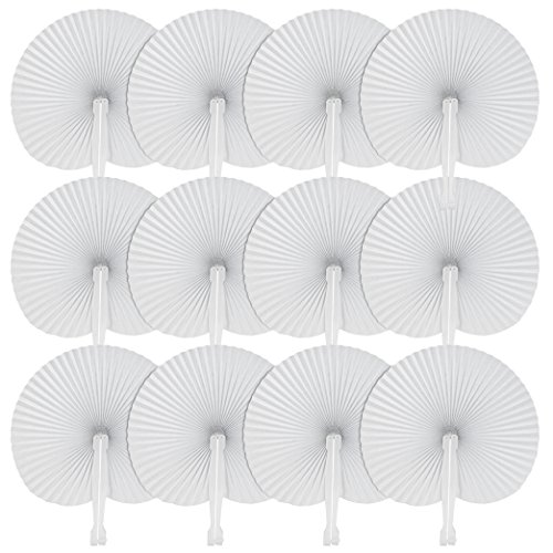 36 Pack Folding Paper Fans Round Shape Handheld Fans Plastic Handle Wedding Party Favors White