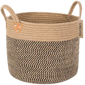 chicvita jute woven storage basket with handles, wicker floor basket, boho decorative basket for blanket, toy, shoe, firewood, farmhouse plant basket for living room, 14″ x 14″ x 12″, jute