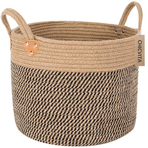 CHICVITA Jute Woven Storage Basket With Handles, Wicker Floor Basket, Boho Decorative Basket For Blanket, Toy, Shoe, Firewood, Farmhouse Plant Basket for Living Room, 14" X 14" X 12", Jute