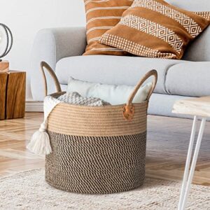 CHICVITA Jute Woven Storage Basket With Handles, Wicker Floor Basket, Boho Decorative Basket For Blanket, Toy, Shoe, Firewood, Farmhouse Plant Basket for Living Room, 14" X 14" X 12", Jute