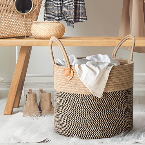 CHICVITA Jute Woven Storage Basket With Handles, Wicker Floor Basket, Boho Decorative Basket For Blanket, Toy, Shoe, Firewood, Farmhouse Plant Basket for Living Room, 14" X 14" X 12", Jute