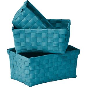 evideco 8400119 checkered woven strap storage baskets totes set of 3 peacock blue, 7.48 l x 5.12 w x 3.74 h