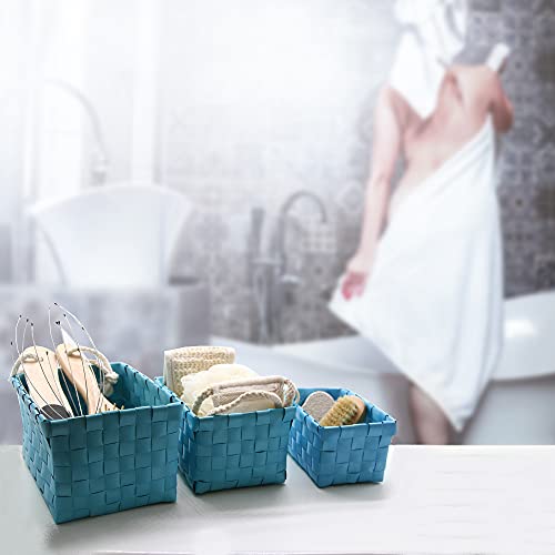 EVIDECO 8400119 Checkered Woven Strap Storage Baskets Totes Set of 3 Peacock Blue, 7.48 L x 5.12 W x 3.74 H