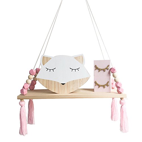 Baost Nordic Hanging Swing Rope Floating Shelves with Tassel Beads, Wall Hanging Storage Board Wooden Plank Shelf Display Ornaments for Kids Room Pink