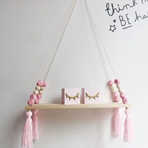 Baost Nordic Hanging Swing Rope Floating Shelves with Tassel Beads, Wall Hanging Storage Board Wooden Plank Shelf Display Ornaments for Kids Room Pink