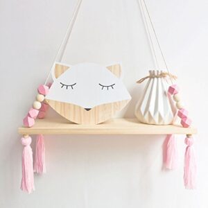 Baost Nordic Hanging Swing Rope Floating Shelves with Tassel Beads, Wall Hanging Storage Board Wooden Plank Shelf Display Ornaments for Kids Room Pink