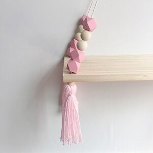 Baost Nordic Hanging Swing Rope Floating Shelves with Tassel Beads, Wall Hanging Storage Board Wooden Plank Shelf Display Ornaments for Kids Room Pink