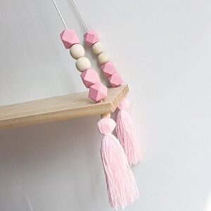 Baost Nordic Hanging Swing Rope Floating Shelves with Tassel Beads, Wall Hanging Storage Board Wooden Plank Shelf Display Ornaments for Kids Room Pink