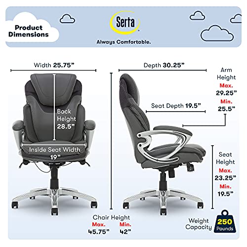 Serta AIR Health and Wellness Executive Office Chair High Back Ergonomic for Lumbar Support Task Swivel, Bonded Leather, Light Gray