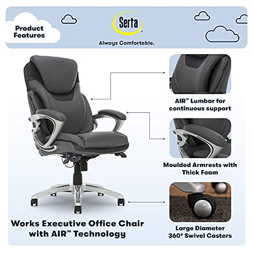 Serta AIR Health and Wellness Executive Office Chair High Back Ergonomic for Lumbar Support Task Swivel, Bonded Leather, Light Gray