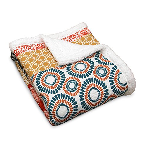 Lush Decor Bohemian Stripe Sherpa Throw Blanket, 60" by 50", Turquoise & Orange