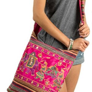 Pink Shoulder Bag Handmade Embroidered Elephant Boho Bohemian Hippie Tote Gypsy Beach Bag