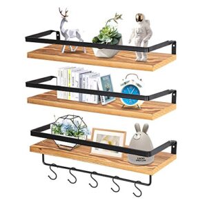 satubrown floating shelves wall mounted set of 3, rustic wood wall shelves with towel bar for bathroom, laundry room, hanging shelving with hooks for bedroom decor