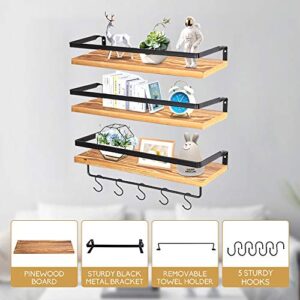 SATUBROWN Floating Shelves Wall Mounted Set of 3, Rustic Wood Wall Shelves with Towel Bar for Bathroom, Laundry Room, Hanging Shelving with Hooks for Bedroom Decor