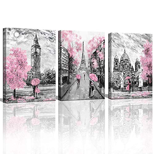 CANVASZON Black and White Canvas Wall Art for Living Room Bedroom Bathroom Girls Pink Paris Theme Room Decor Oil Painting Print London Big Ben Tower Eiffel Painting for Wall Decor Pink