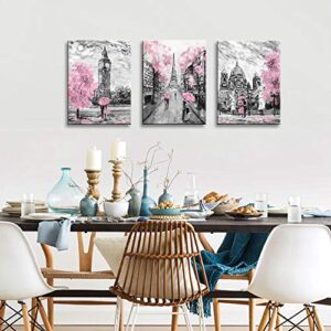 CANVASZON Black and White Canvas Wall Art for Living Room Bedroom Bathroom Girls Pink Paris Theme Room Decor Oil Painting Print London Big Ben Tower Eiffel Painting for Wall Decor Pink