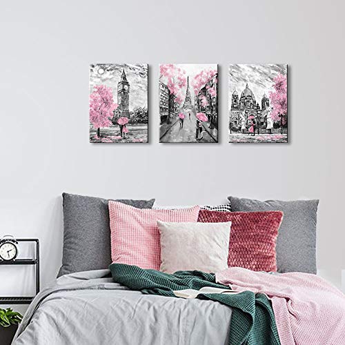 CANVASZON Black and White Canvas Wall Art for Living Room Bedroom Bathroom Girls Pink Paris Theme Room Decor Oil Painting Print London Big Ben Tower Eiffel Painting for Wall Decor Pink