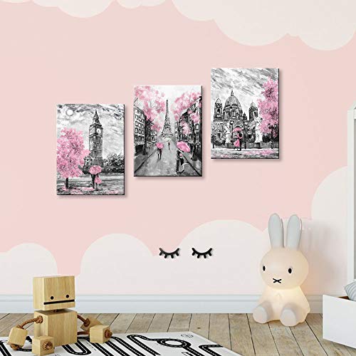 CANVASZON Black and White Canvas Wall Art for Living Room Bedroom Bathroom Girls Pink Paris Theme Room Decor Oil Painting Print London Big Ben Tower Eiffel Painting for Wall Decor Pink