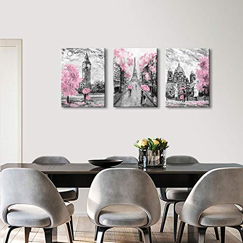 CANVASZON Black and White Canvas Wall Art for Living Room Bedroom Bathroom Girls Pink Paris Theme Room Decor Oil Painting Print London Big Ben Tower Eiffel Painting for Wall Decor Pink