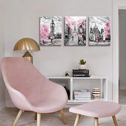 CANVASZON Black and White Canvas Wall Art for Living Room Bedroom Bathroom Girls Pink Paris Theme Room Decor Oil Painting Print London Big Ben Tower Eiffel Painting for Wall Decor Pink