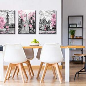 CANVASZON Black and White Canvas Wall Art for Living Room Bedroom Bathroom Girls Pink Paris Theme Room Decor Oil Painting Print London Big Ben Tower Eiffel Painting for Wall Decor Pink