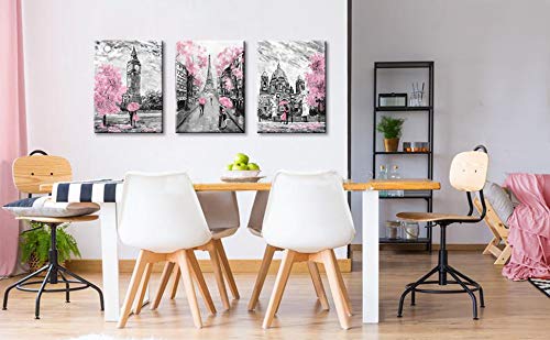 CANVASZON Black and White Canvas Wall Art for Living Room Bedroom Bathroom Girls Pink Paris Theme Room Decor Oil Painting Print London Big Ben Tower Eiffel Painting for Wall Decor Pink