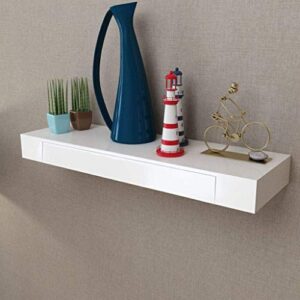 tidyard floating shelves, wall display shelf with 1 drawer book dvd storage white