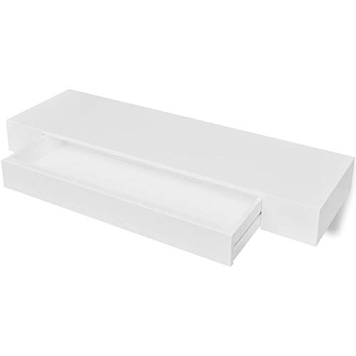 Tidyard Floating Shelves, Wall Display Shelf with 1 Drawer Book DVD Storage White