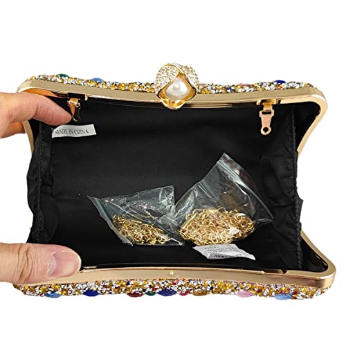 Boutique De FGG Pearl Clasp Colorful Gold Crystal Clutch Purses for Women's Evening Handbags Wedding Party Rhinestone Bag