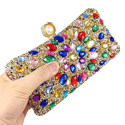 Boutique De FGG Pearl Clasp Colorful Gold Crystal Clutch Purses for Women's Evening Handbags Wedding Party Rhinestone Bag