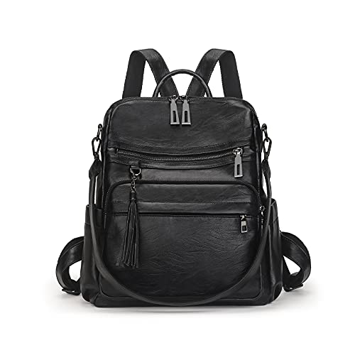 Artwell Backpack Purse for Women Fashion PU Leather Designer Travel Large Ladies Shoulder Bags Tote Tassel Rucksack (Black)