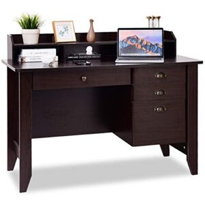 tangkula computer desk with 4 storage drawers & hutch, home office desk vintage desk with storage shelves, wooden executive desk writing study desk (brown)