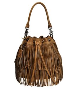 zlyc women handmade dip dye leather bohemian fringe tassel drawstring bucket bag, brown