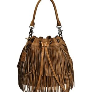 ZLYC Women Handmade Dip Dye Leather Bohemian Fringe Tassel Drawstring Bucket Bag, Brown